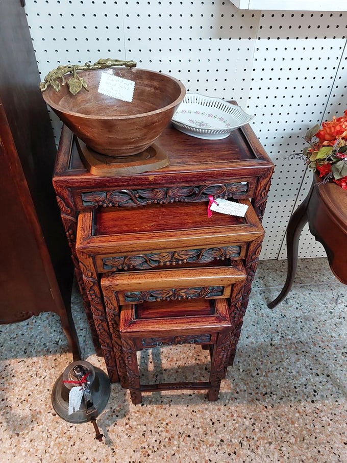 Carved wooden nesting tables that put modern flat-pack furniture to shame. Craftsmanship you can actually hand down, not just throw out.