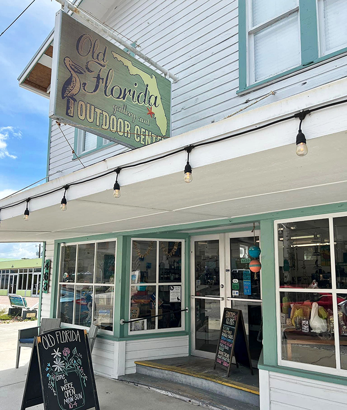 The Old Florida Gallery captures the essence of vintage Florida charm with string lights that say, "Come in, the nostalgia is fine."