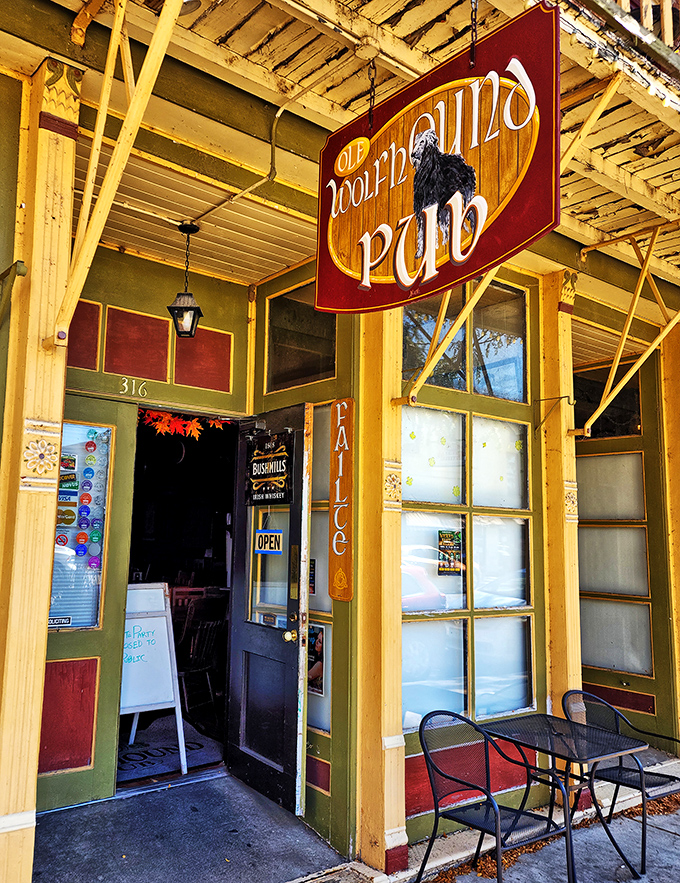 The Ole Wolfhound Pub's sunny yellow exterior promises liquid sunshine inside &ndash; the kind that comes in pint glasses and sparks conversation.