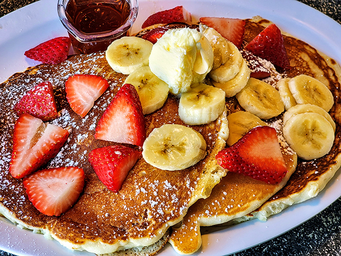 Pancakes adorned with fresh fruit that make you feel virtuous about essentially eating cake for breakfast. Life's little victories.