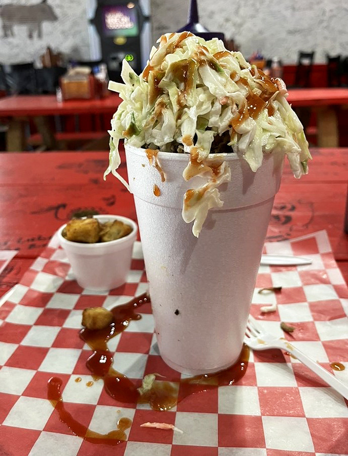 The BBQ parfait defies convention and gravity itself&mdash;layers of coleslaw and sauce cascading down like a savory waterfall that makes salad lovers and meat enthusiasts equally happy.