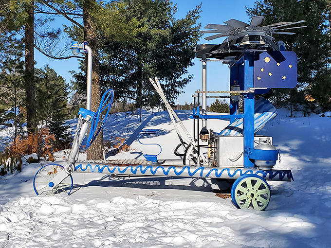 Winter transforms Lakenenland into a snow-covered wonderland where blue contraptions seem perfectly at home against the white canvas of Michigan's coldest season.