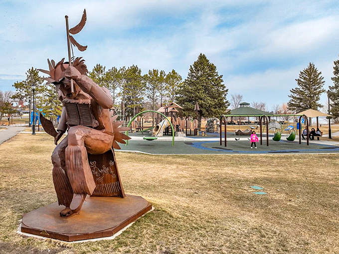 Public art and playgrounds coexist at the waterfront park, where families create memories without the admission prices of commercial attractions.