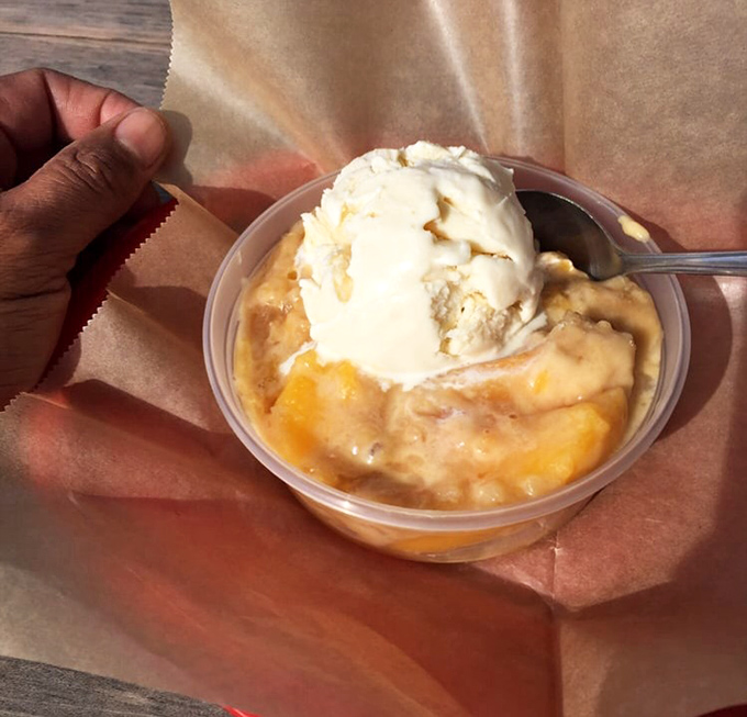 Peach cobbler that makes you understand why Georgia puts the fruit on its license plates, topped with ice cream melting into warm peachy bliss.