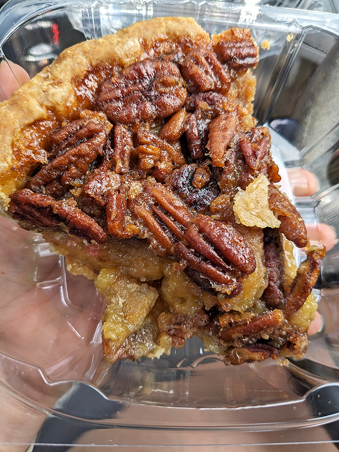 Pecan pie so densely packed with nuts, it's like the pecans held a convention and everyone RSVP'd yes. 