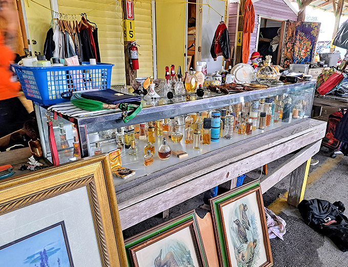Amber bottles catch the light like liquid gold, perfumes and potions arranged like a chemist's dream on this weathered display table.