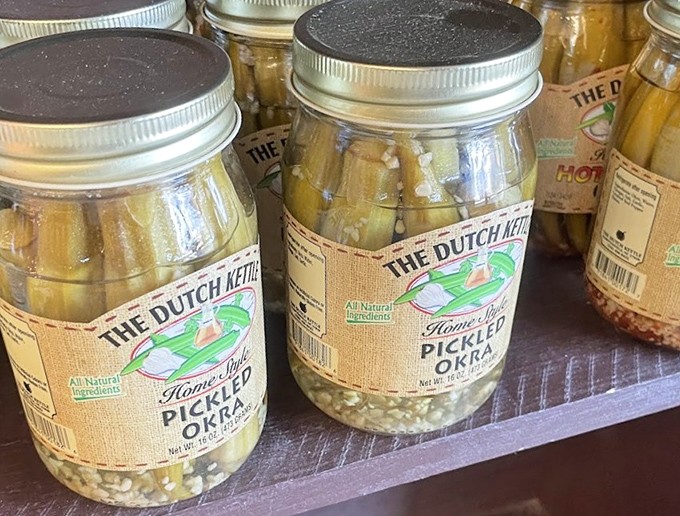 Even the pickled okra gets the royal treatment here. These jars contain the kind of Southern tradition that makes grandmothers nod in solemn approval.