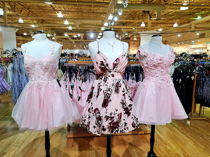 Prom dress paradise in shades of pink that would make Barbie jealous. Teenage dreams and parental credit cards face their ultimate test here.