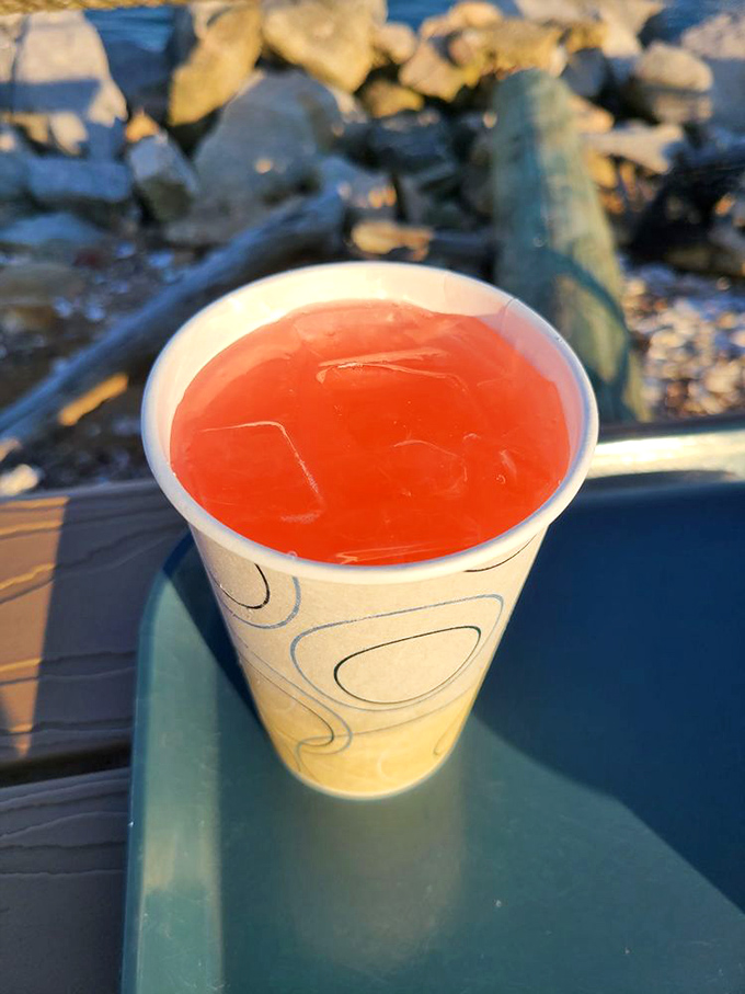 Even the pink lemonade seems to celebrate the coastal setting, catching sunset colors in a cup while you wait for your seafood feast.