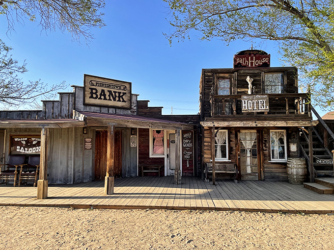 The Bath House Hotel and Bank buildings stand ready for their close-up, looking exactly as they did when cowboys with scripts roamed these boardwalks.