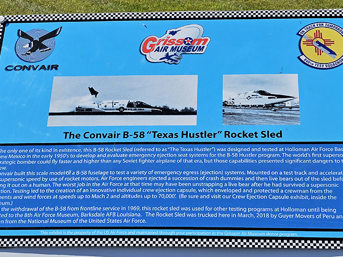 This informational plaque tells the fascinating story of the B-58 "Texas Hustler" Rocket Sled, proving that "hustler" meant something entirely different in aviation circles.
