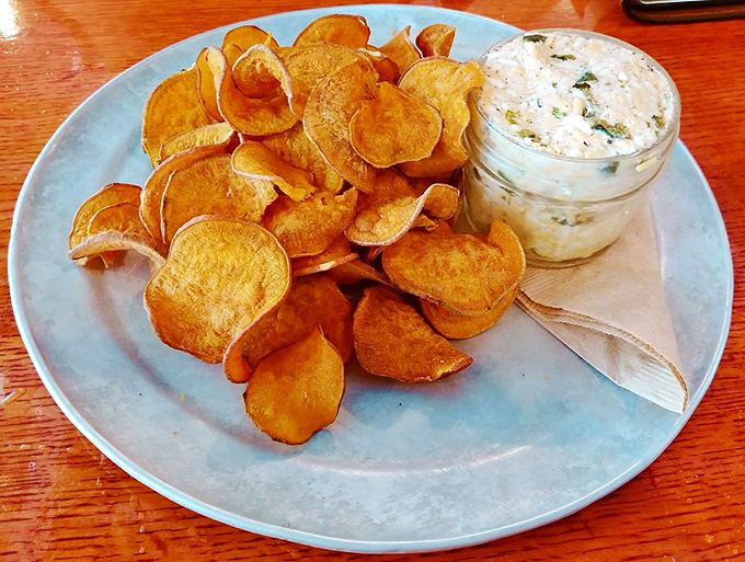 Sweet potato chips&mdash;crisp as autumn leaves&mdash;stand ready to ferry that creamy poblano pimento cheese from plate to palate in perfect harmony.