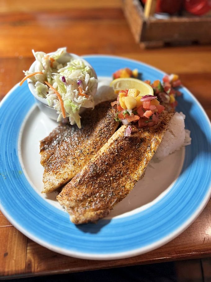 Blackened fish that's perfectly seasoned, not cremated, served with fresh salsa that brings a tropical party to your taste buds.