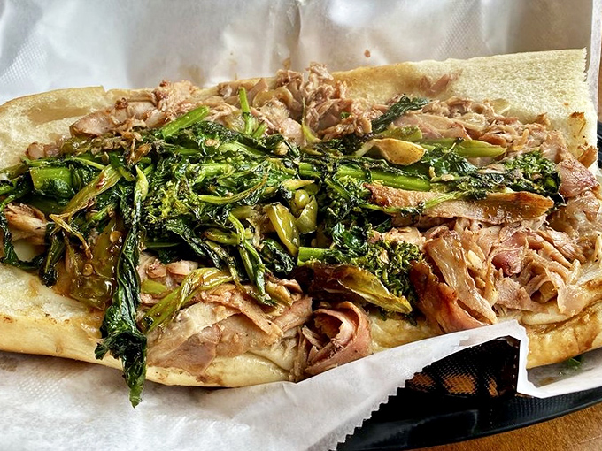 The Porkette with broccoli rabe and long hots creates the perfect trifecta &ndash; tender meat, bitter greens, and spicy peppers in harmonious balance.