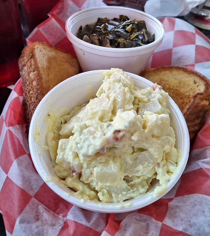 Potato salad and collard greens that taste like someone's grandma is hiding in the kitchen, refusing to share her secrets with the younger staff.