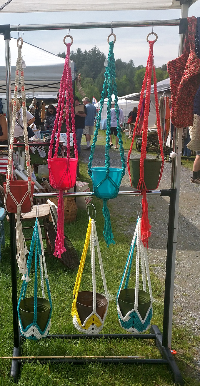 Macram&eacute; plant hangers dangle in cheerful colors, ready to bring your houseplants into the groovy seventies they deserve.