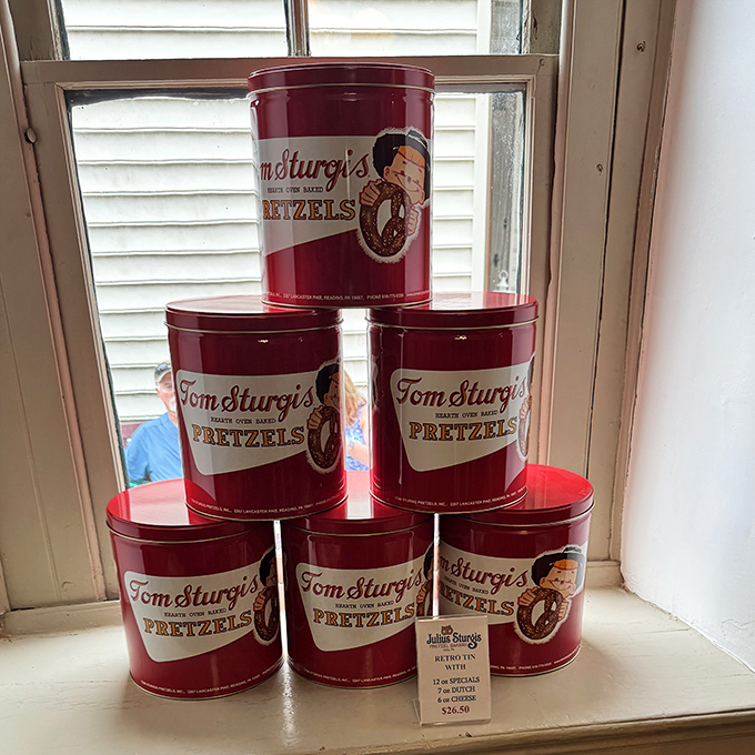 These vintage-style pretzel tins aren't just containers &ndash; they're time machines that transport your snacks back to a simpler era when calories didn't count.