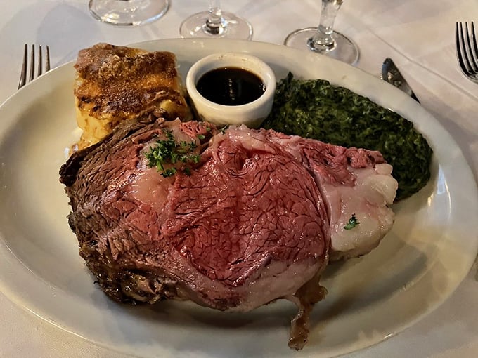 Prime rib that's pink in all the right places, accompanied by creamed spinach and Yorkshire pudding &ndash; it's like the British Empire and American steakhouse tradition had a delicious baby.
