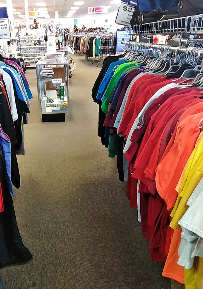 The clothing aisles stretch like colorful canyons, each hanger a potential "where did you get that?" conversation starter at your next gathering.