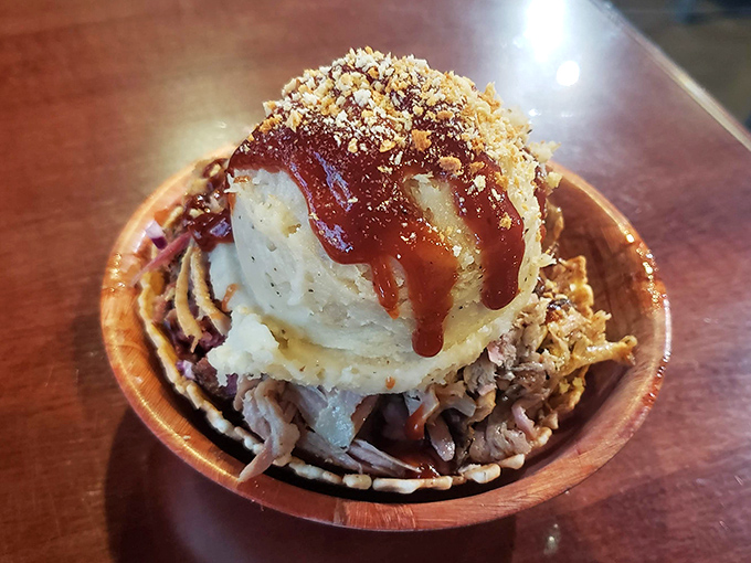 The pulled pork sundae&mdash;meat's answer to the ice cream parlor. Mashed potatoes replace vanilla, BBQ sauce trumps chocolate syrup.