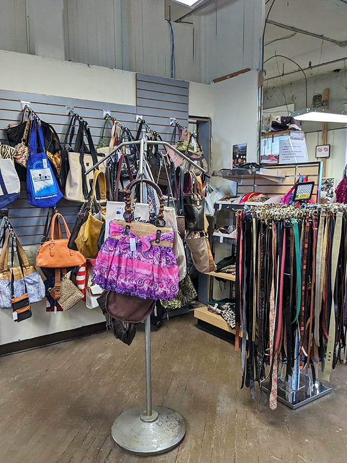 The handbag corner&mdash;where vintage clutches and practical totes hang in suspended animation until the right shopper comes along.