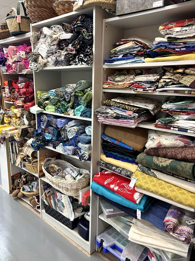 Fabric paradise where quilters lose track of time. More textile options than a Project Runway contestant's fever dream.