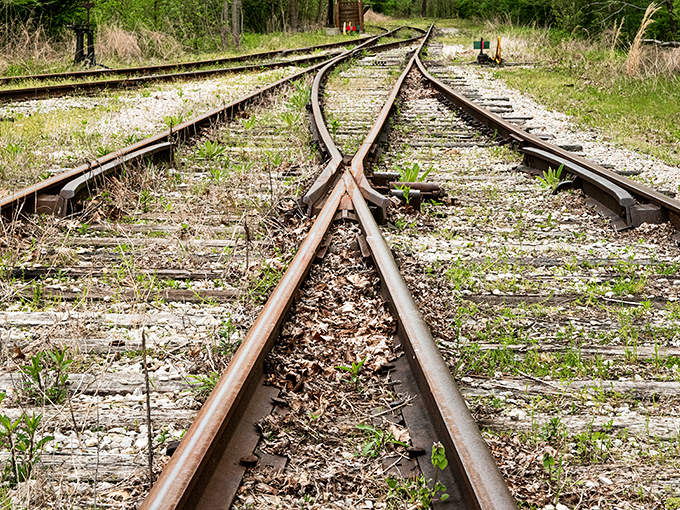 Railway switches—where paths diverge and decisions are made—create an unexpectedly beautiful geometry against the rural Indiana landscape.