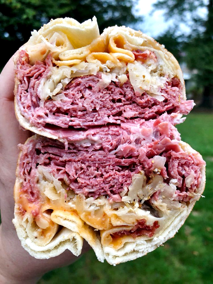 Behold the corned beef wrap&mdash;where traditional deli meets modern convenience. That cross-section reveals the geological layers of deliciousness.