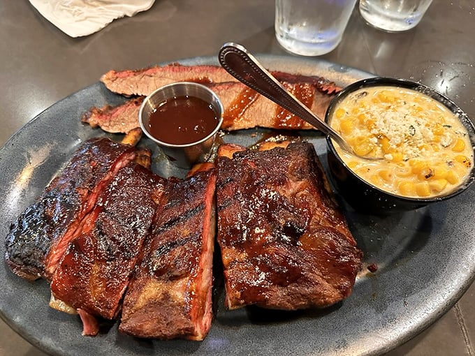 Ribs and brisket sharing a plate like old friends, with mac and cheese playing third wheel. The ultimate Kansas City love triangle.