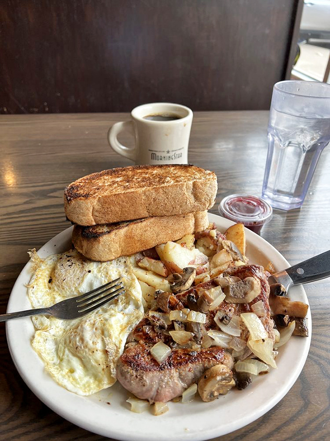 The classic bacon and eggs, executed with the precision of a Swiss watchmaker who really loves breakfast.