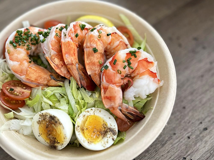 A salad that proves healthy eating doesn't mean punishment. Those plump shrimp and perfectly halved eggs are doing the heavy lifting here.