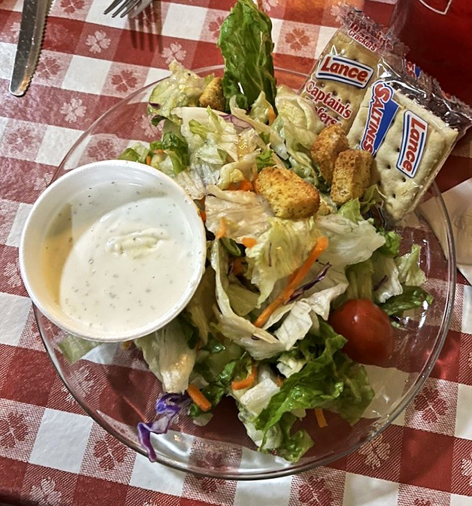 Even the salad looks like it's having a good time, with those Lance crackers standing in like tiny billboards advertising crunch.