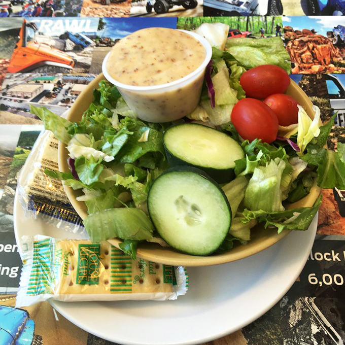 Even the salad looks happy to be here. Fresh, crisp vegetables with house-made dressing that makes eating greens feel less like penance and more like pleasure.