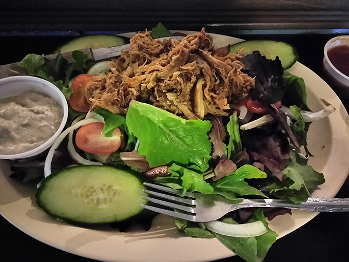 Even the salad gets the barbecue treatment, with pulled meat taking center stage among the greens&mdash;because vegetables need protein too.