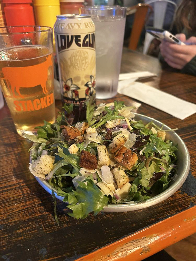 Even the salads don't feel like punishment here, with fresh greens, house-made croutons, and enough flavor to hold their own.