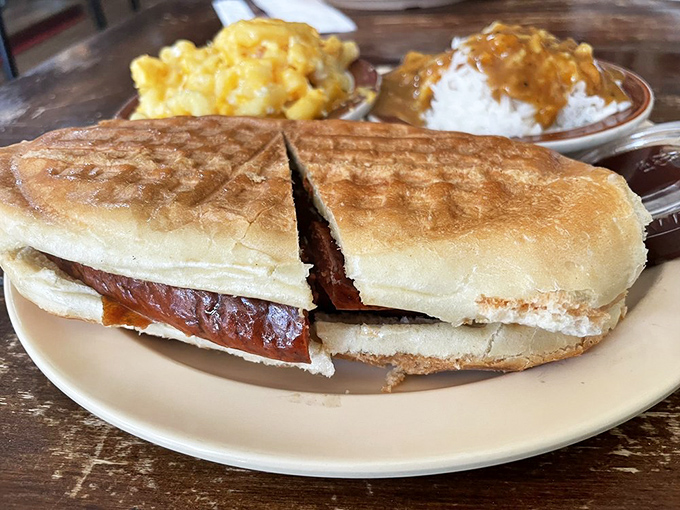 This sandwich isn't just lunch; it's an edible hug between two pieces of bread, with mac & cheese and rice standing guard nearby.