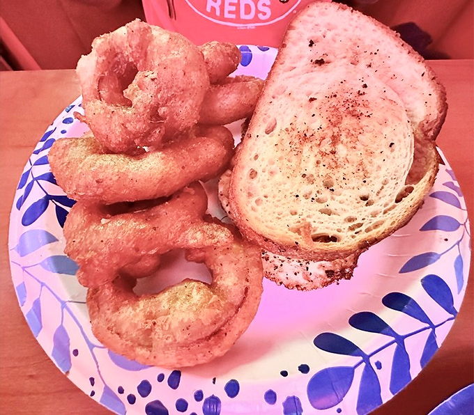 Golden onion rings that shatter with each bite, paired with perfectly toasted bread. This isn't just lunch&mdash;it's an edible hug on a blue-patterned plate.