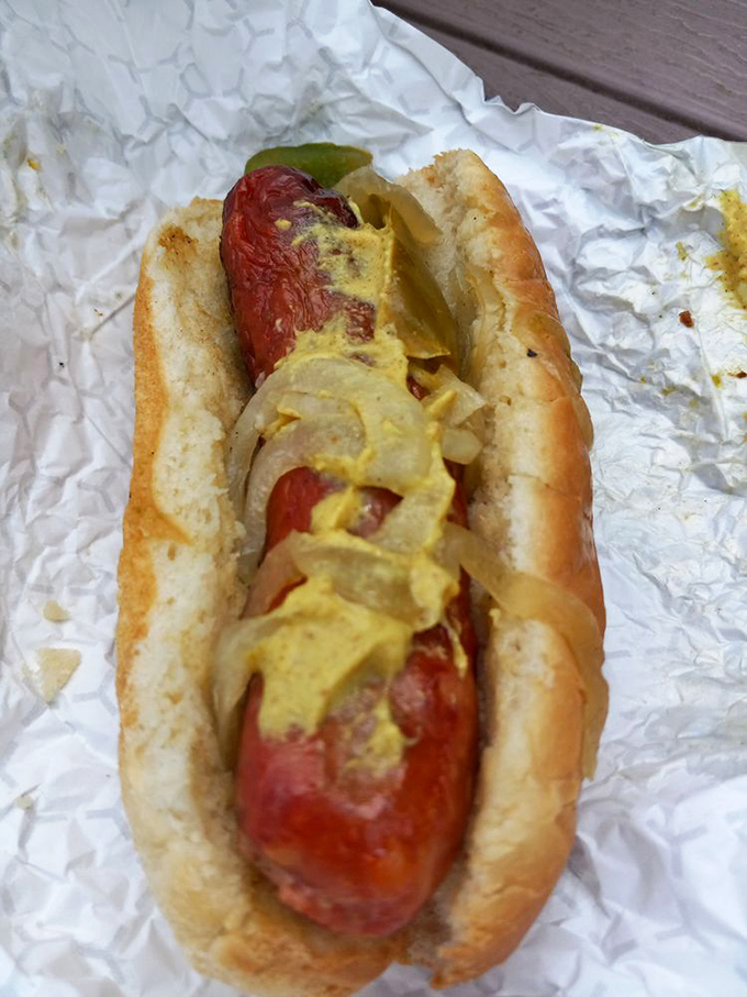 This isn't just any hot dog&mdash;it's a sausage that's been through smoke college and graduated with honors. The mustard and onions are just the diploma frame. 