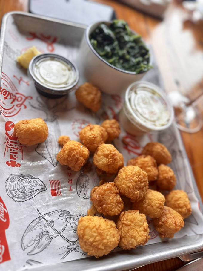 Golden-fried scallop bites that pop in your mouth like oceanic flavor bombs. The dipping sauces are just showing off at this point.