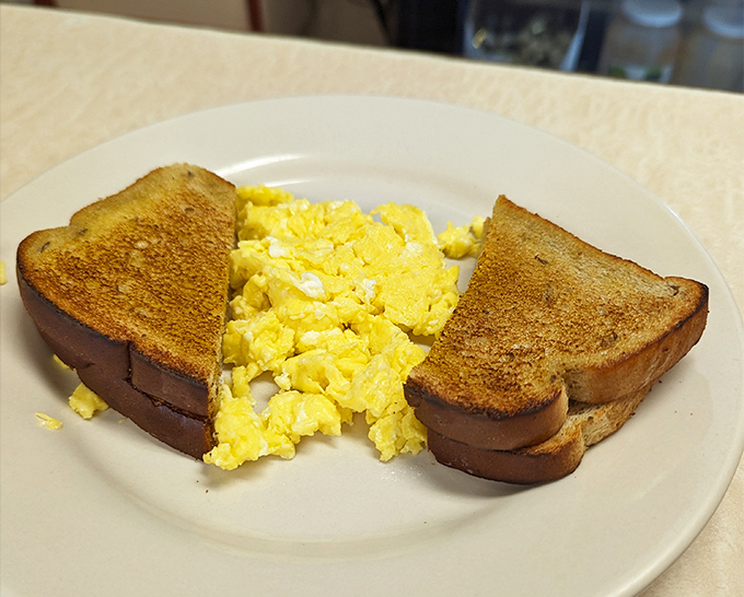 Scrambled eggs that actually taste like eggs&mdash;a rarity in our modern world. Paired with toast that's achieved that elusive perfect golden-brown. 