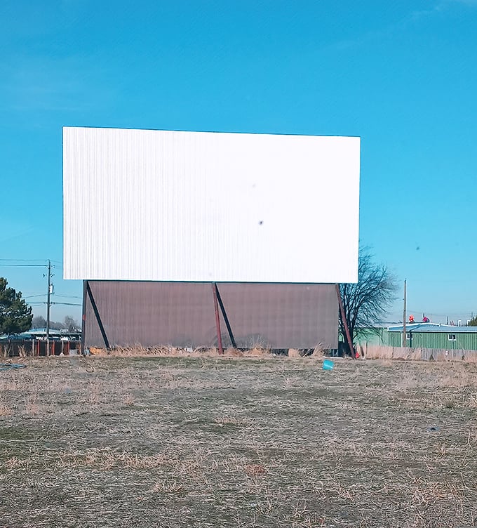 The blank screen in daylight&mdash;like an artist's canvas waiting for nightfall. By sunset, it'll transform into a 40-foot window to other worlds.