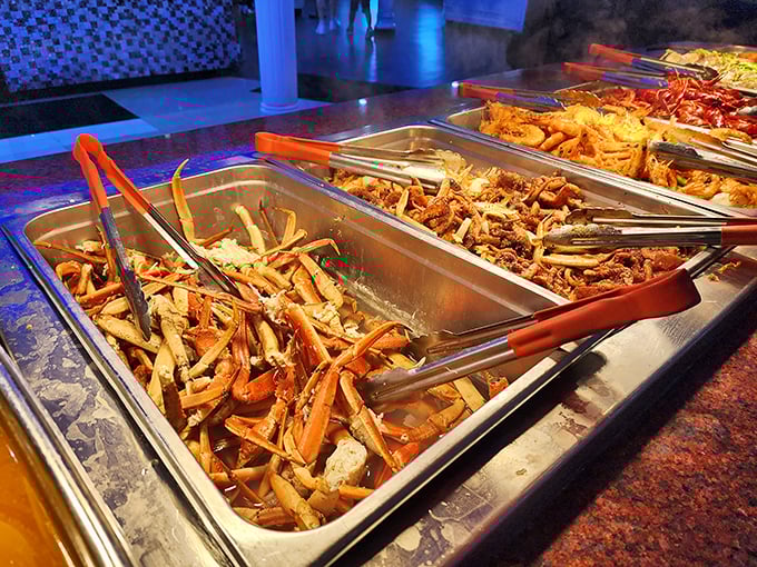 Crab legs arranged with military precision, ready for your cracking conquest. The seafood section at Ginza isn't playing games&mdash;unless the game is "who can eat the most."