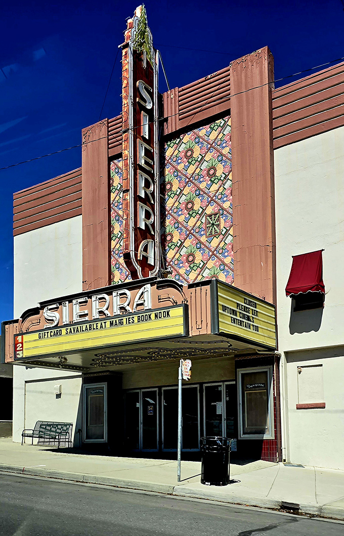 The Sierra Theater's vintage marquee promises entertainment without the modern multiplex markup or sticky floors.