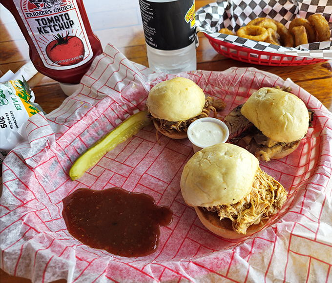 Sliders that prove good things come in small packages&mdash;three perfect bites of BBQ bliss with a side of crispy onion rings for textural contrast.