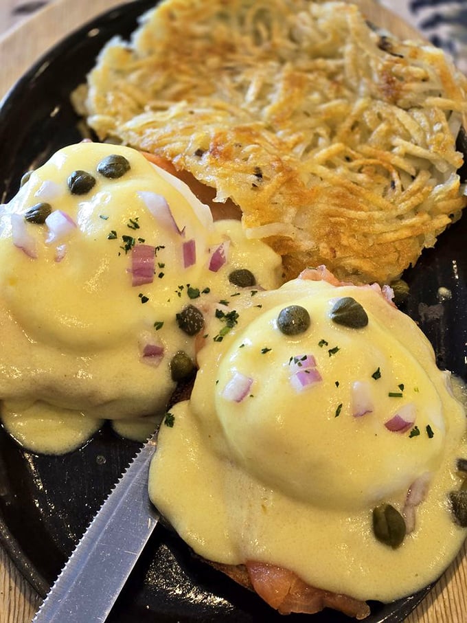 Eggs Benedict elevated to art form &ndash; perfectly poached eggs draped in hollandaise with capers adding those little pops of briny goodness.