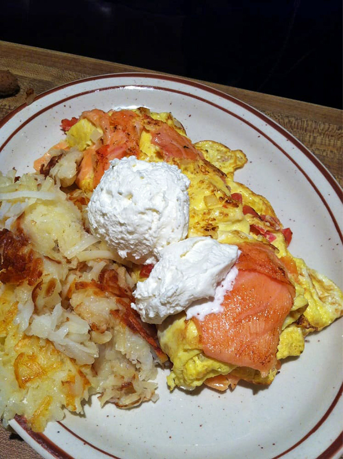 Smoked salmon omelette topped with dollops of cream cheese&mdash;proof that sometimes the best ocean views in La Jolla are on your plate.