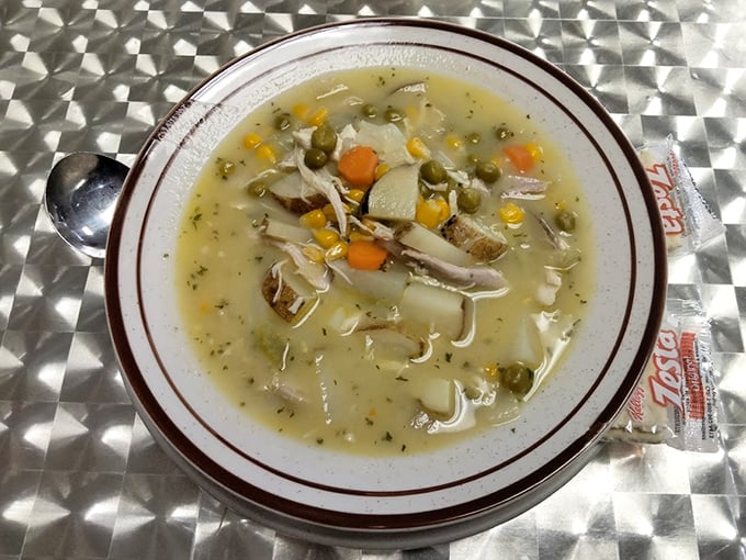 Chicken soup that could heal whatever ails you. Those chunks of potato and vegetables swimming in golden broth would make any grandmother proud.