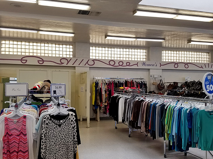 The women's section: where patience and persistence transform into designer labels and "Oh, you got THAT at Goodwill?" conversations.