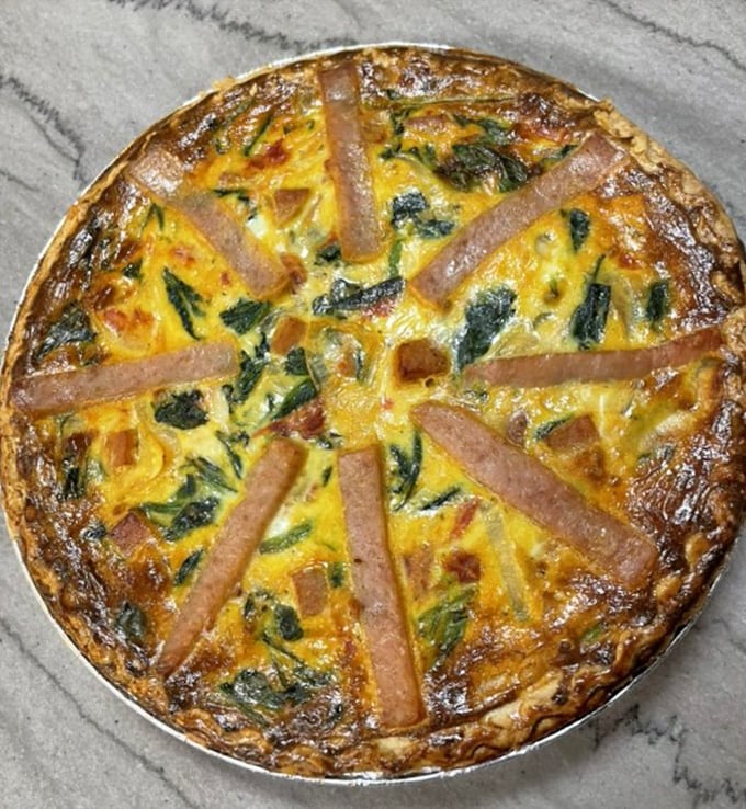 Quiche gets a playful makeover with strips of Spam creating a sunburst pattern. It's retro, it's quirky, and it's absolutely delicious.