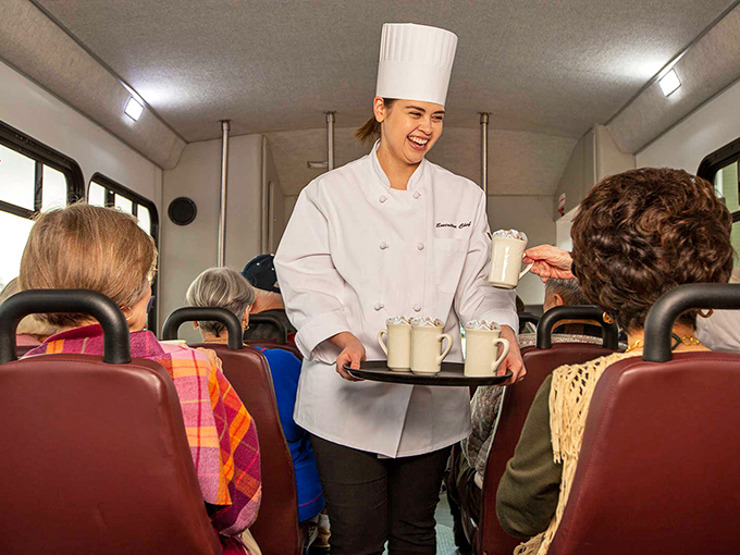 Service with a smile and refreshments on wheels&mdash;because the only thing better than a bus ride is one that comes with refreshments.